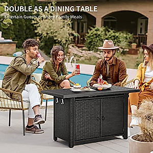 YITAHOME 43 Inch Propane Fire Pit Table and Resin Wicker Base, 50,000 BTU Gas Fire Pit with Ignition Systems, Iron Tabletop, Fire Glass Beads, Cover, Lid Hanger, Rectangle Outdoor Firetable for Patio