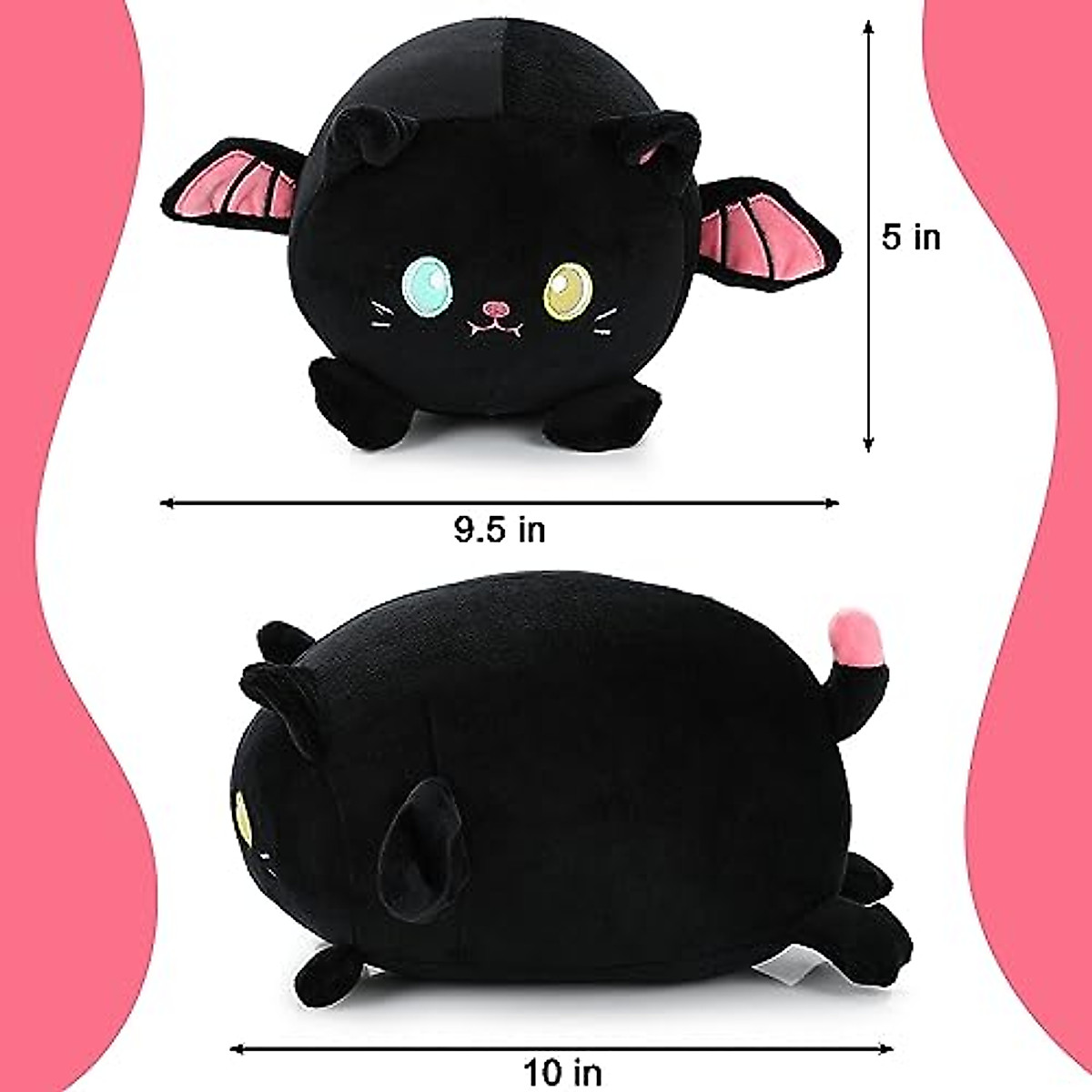 Black Cat Plush Pillow with Luminous Eyes, 10in Stuffed Animals Cute Black Kitten, Strip Soft Plushies Hugging Plush Squishy Pillow Toy Gifts for Kids Birthday Party Bedding Sleeping