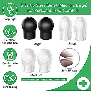 5 Pairs 3 Sizes(S/M/L) MDF Stethoscope Ear Tip Pieces Earplug Replacement Parts, Soft Silicone Prestige ADC Stethoscope Eartip Earbuds Spare Part, Bonus 2Pcs Ear Bud Cover for Littmann Stethoscope