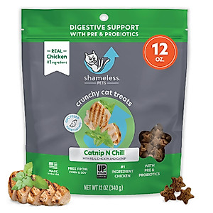 Shameless Pets Crunchy Cat Treats - Catnip Treats for Cats with Digestive Support, Kitten Treats with Real Chicken, Natural & Healthy Flavored Feline Snacks - Catnip N Chill, 1-Pk (12 Oz)