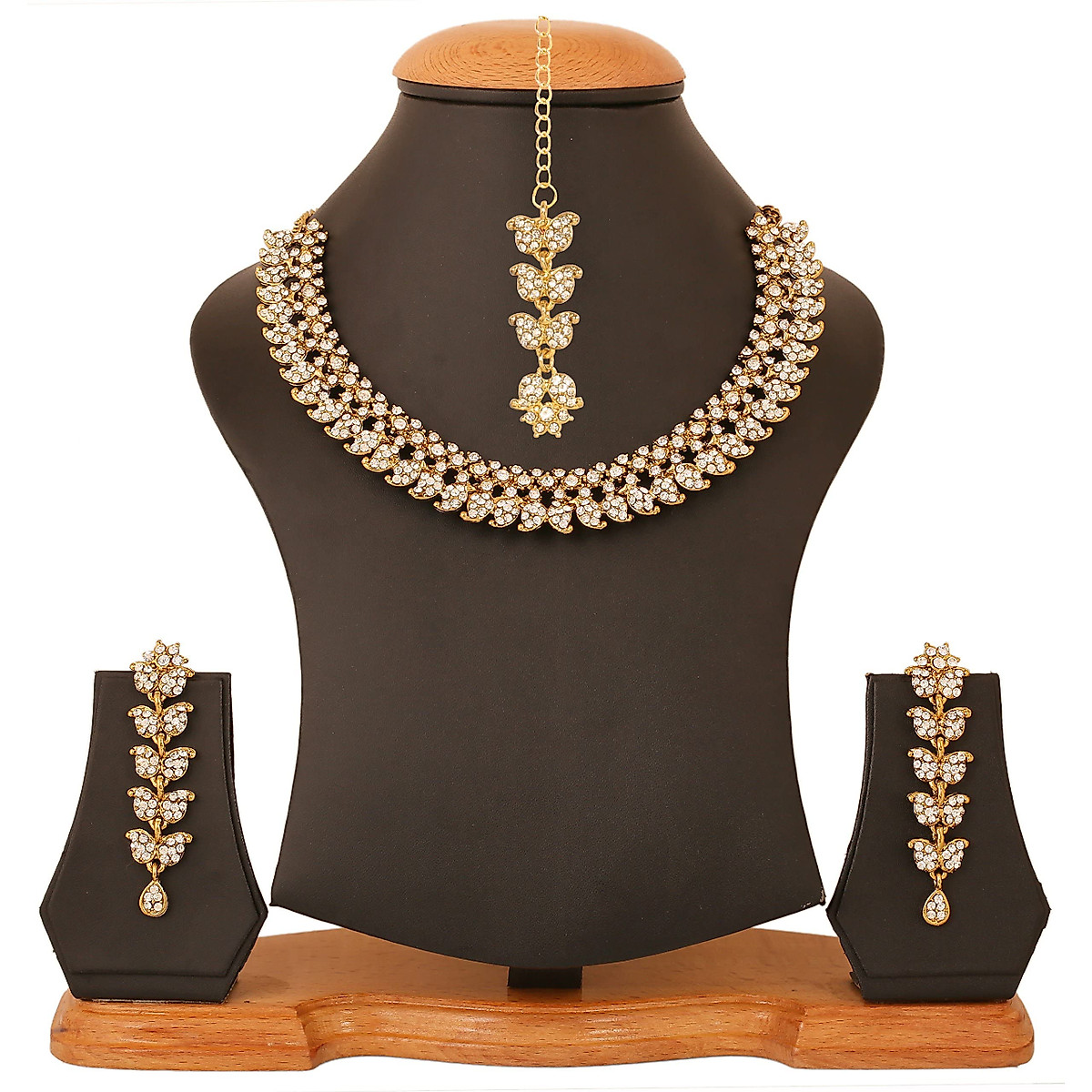 Touchstone Hollywood Glamour white crystals paisley motif grand jewelry necklace in antique tone for women (D298 Gold - 2)