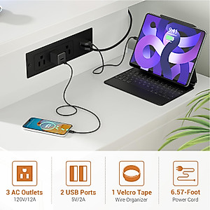 Computer Desk with 2 Fabric Drawers - Reversible Home Office Desk with Power Outlet & LED Lights, 53" Writing Desk with Monitor Stand & Storage Shelves, Gaming Desk Study Table with Pegboard, White