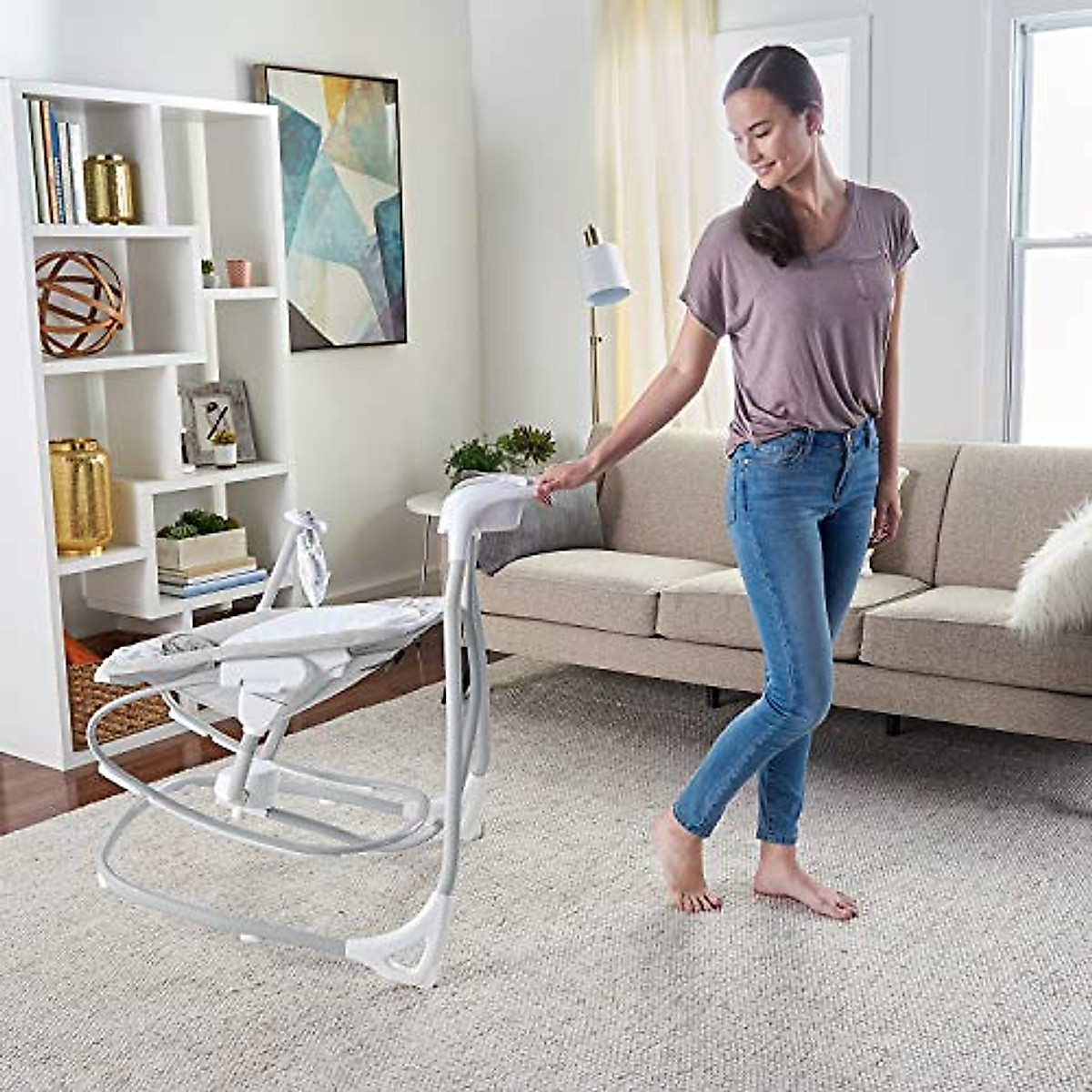 Ingenuity 2-in-1 SimpleComfort Lightweight Compact 6-Speed Multi-Direction Baby Swing & Rocker, Vibrations & Nature Sounds, 0-9 Months 6-20 lbs (Raylan)