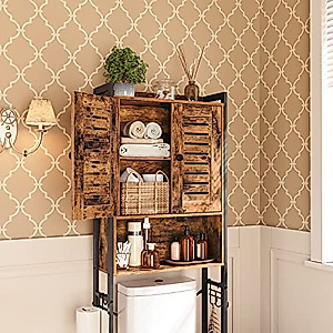 HOOBRO Over The Toilet Storage Cabinet, Mass-Storage Over Toilet Bathroom Organizer with Louver Door, X-Shaped Metal Frame, Space-Saving Toilet Rack, Easy Assembly, Rustic Brown BF431TS01