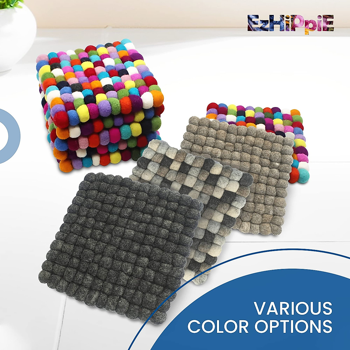 Ezhippie 20 CM Woollen Pot Trivet with Heat Resistance, Handmade Non Slip Pan Holder from Nepal, Trivets for Kitchen, Pots, and Pans Protect Tables and Worktops, Absorbent Felt Ball Pad, Square-3