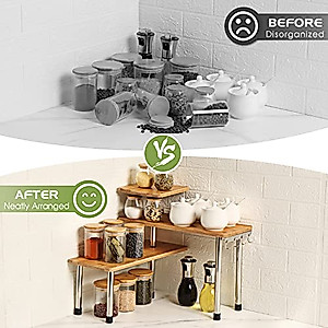 OLBRUS 3 Tier Corner Shelf Kitchen Spice Rack with Hooks, Adjustable Bamboo Space Saving Cabinet Organizer Display Shelves, Freestanding Countertop Storage Rack for Bedroom, Bathroom & Office