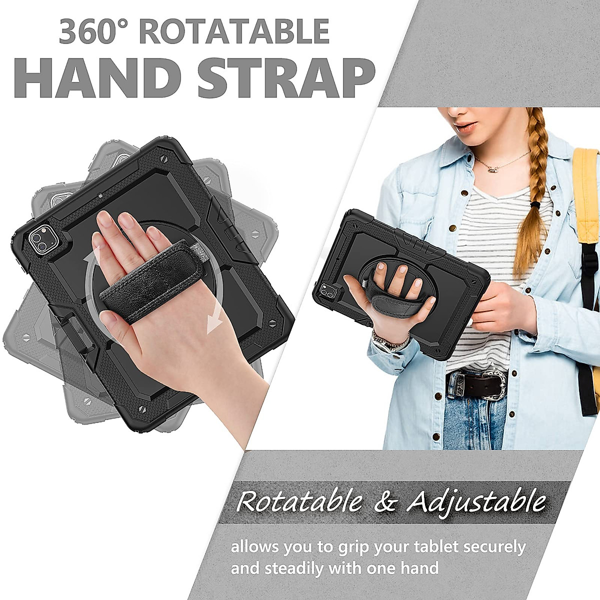 CASZONE Case for iPad Pro 12.9 Case 2022/2021/2020,iPad Pro 12.9 6th/5th/4th Generation Case with Pencil Holder Charger,360ｰRotating Stand,Screen Protector,Hand/Shoulder Strap,Heavy Duty