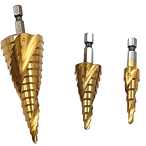 3pc HSS Titanium Coated Spiral Flute Step Drill Bit for Wood Soft Metal Woodworking Tool Bit,4-12/20/32mm