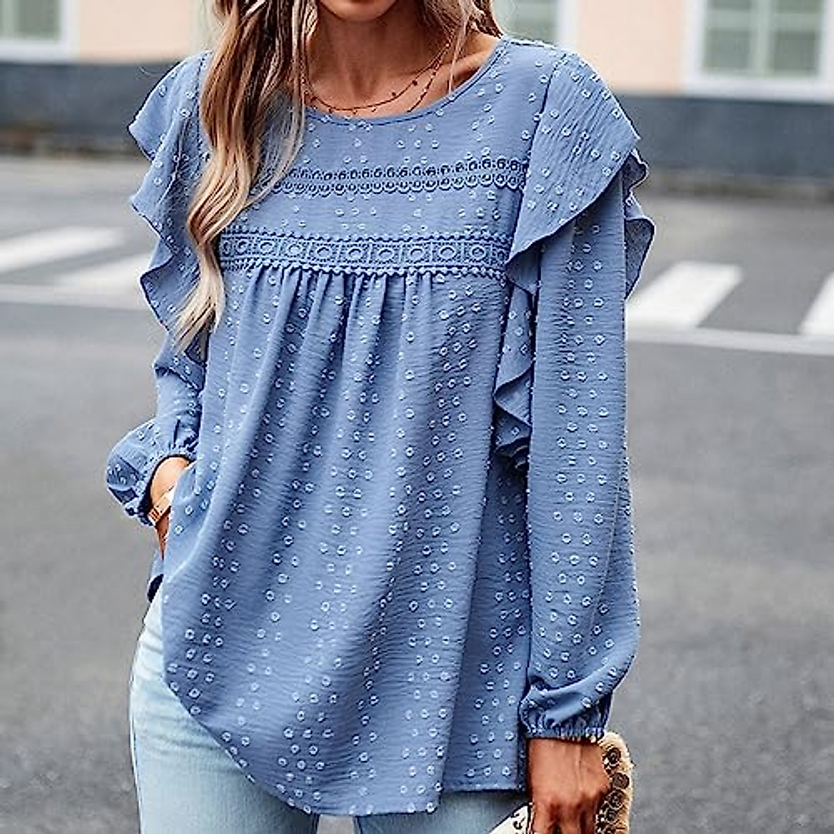 Orders Placed by me Womens Tops Dressy Casual Solid Color Long Sleeve Round Neck Blouses Swiss Dot Flowy Pleated Stylish Shirts Blue M