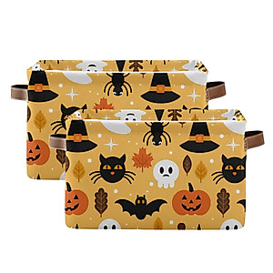 Large Foldable Storage Basket Halloween Spooky Skull Pumpkin Black Cat Storage Bin Canvas Toys Box Fabric Decorative Collapsible Organizer Bag with Handles for Bedroom Home