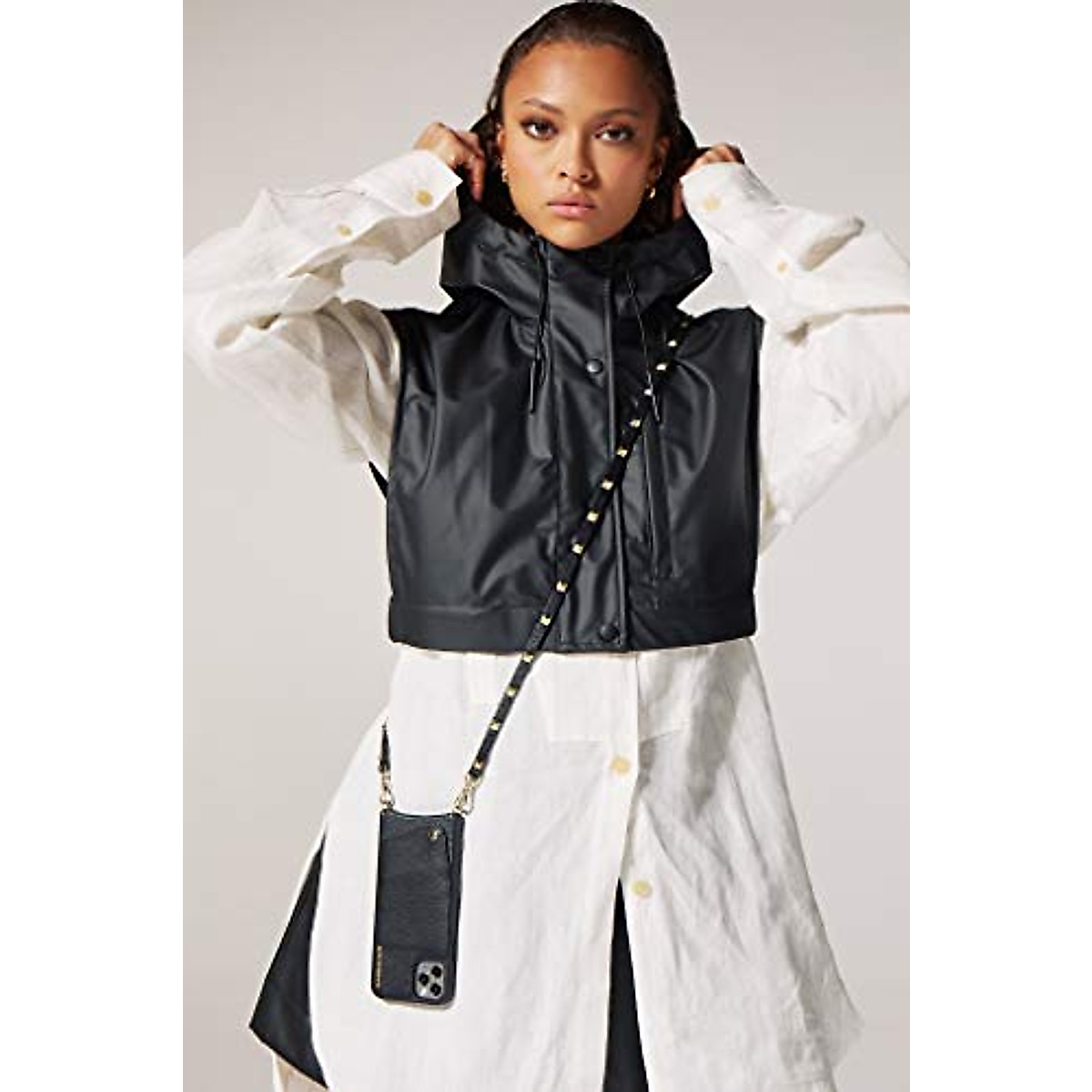 Bandolier Sarah Crossbody Phone Case and Wallet - Black Leather with Gold Detail - Compatible with iPhone 14 Pro Max