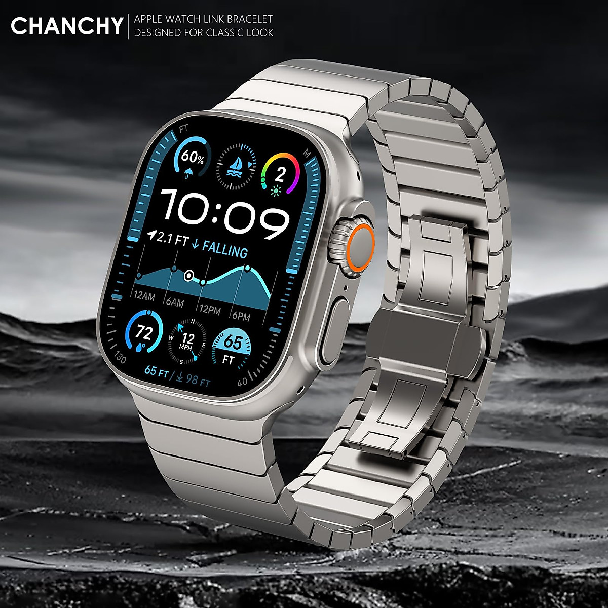 CHANCHY Stainless Steel Band for Apple Watch Ultra/Ultra 2 Link Bracelet 49mm 46mm 44mm 45mm, Metal Strap with Folding Clasp for Apple Watch Series 10 9 8 7 6 5 4 SE (Titanium, 49mm 46mm 45mm 44mm)