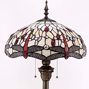 WERFACTORY Tiffany Floor Lamp Dragonfly Amber Stained Glass Standing Reading Light 16X16X64 Inches Antique Pole Corner Lamp Decor Bedroom Living Room Home Office S557 Series