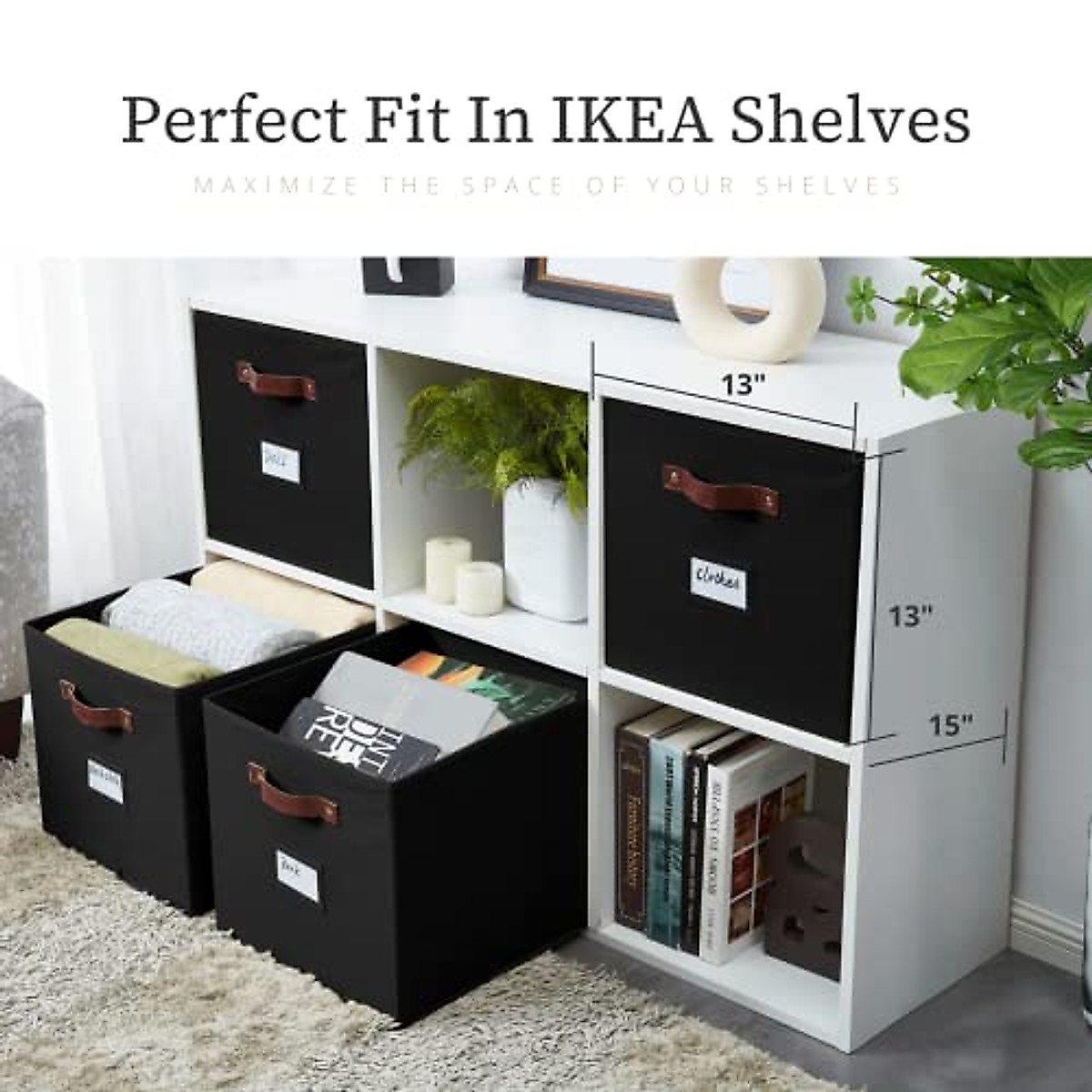 DECOMOMO Storage Baskets 13x15x13 Storage Cube Bins with Label Holders, Kallax Storage Cubes Baskets for Organizing Shelves Nursery Toy (Kallax / 4pcs, Black)