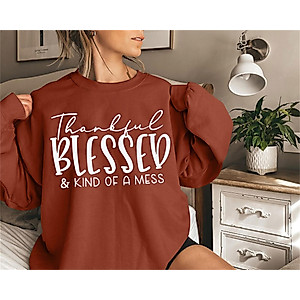 VILOVE Thankful Blessed and Kind Of a Mess Sweatshirt Women Thanksgiving Pullover Blessed Sweatshirt Oversized Tops Brown