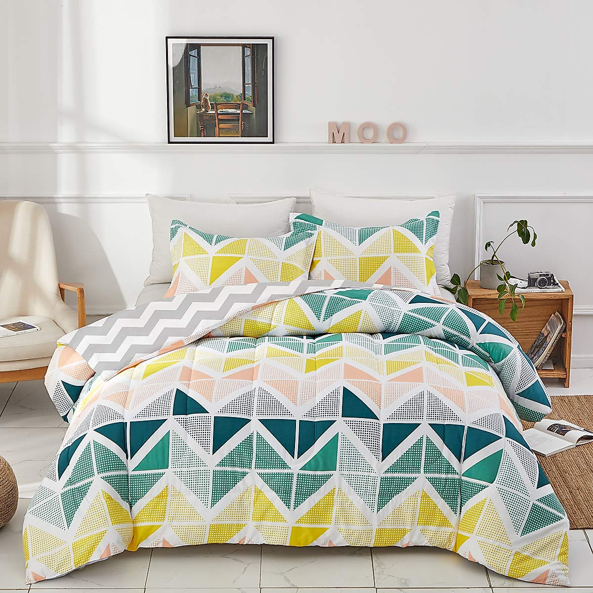 UOZZI BEDDING Comforter Set Queen Size 3 Pieces Colorful Style Yellow Green Cubes Triangles Print Reversible Down Alternative 800 TC Kids Adult Duvet Sets
