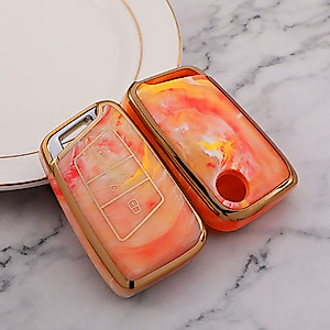 SANRILY Golden-edge Jade Pattern Key Fob Cover for VW Atlas Arteon Jetta Golf Alltrack Passat for Tiguan Skoda Kodiaq Superb A7 Accessories with Leather Keychain Keyless Smart Key Case Shell Orange