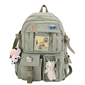 Romlvy Kawaii Backpack with Cute Accessories Aesthetic Multi Pockets Large Capacity Outdoor Backpack Daypack Laptop Backpack (Green)