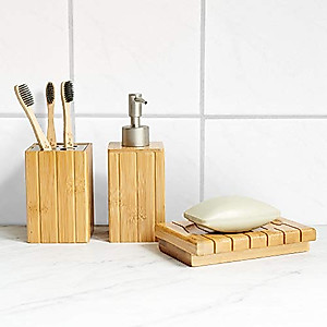 Navaris Bamboo Bathroom Accessories Set - 3-Piece Bath Set with Toothbrush Holder, Liquid Soap Dispenser, Soap Dish - Bath Accessory Trio 3 Pieces