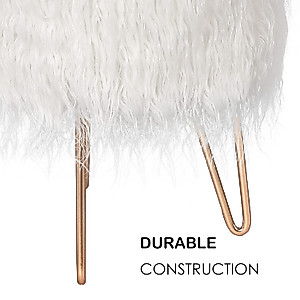Adeco Vanity Stool Chair Round Faux Fur Ottoman with Metal Legs, Soft Furry Footrest Stool Padded Seat, Upholstered Decorative Furniture for Bedroom Living Room, White Small