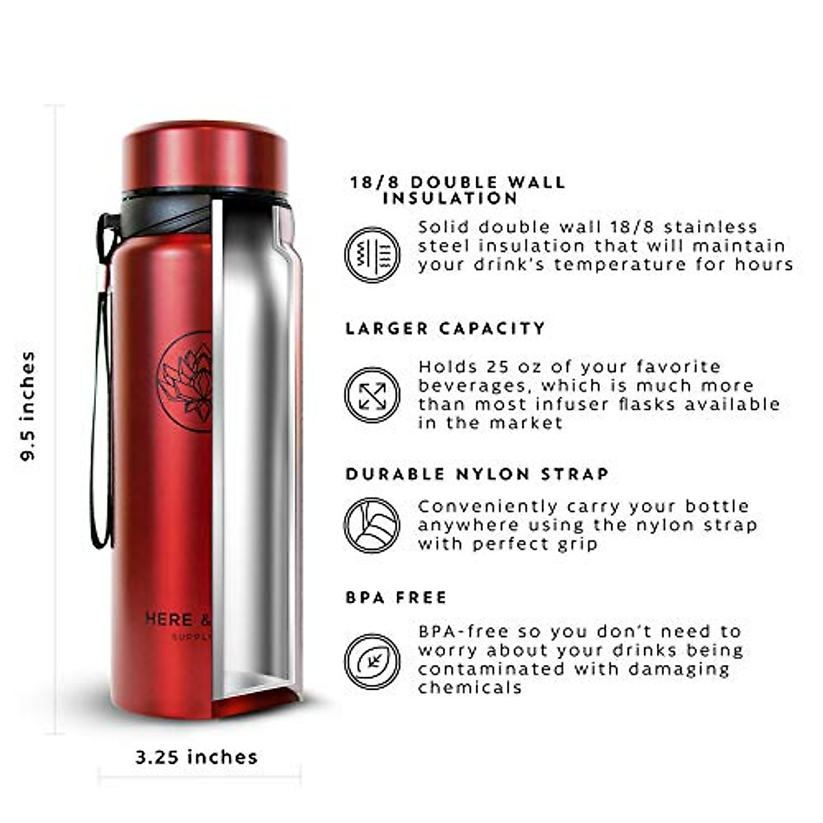 25 oz Multi-Function Travel Mug and Tumbler | Tea Infuser Water Bottle | Fruit Infused Flask | Hot & Cold Double Wall Stainless Steel Coffee Thermos | by Here & Now Supply Co. (Sacred Red)