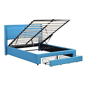 BOVZA Queen Size Lift up Storage Upholstered Platform Bed with 2 Drawers, Modern Wingback Headboard, Hydraulic Storage Bed Frame, Linen Blue