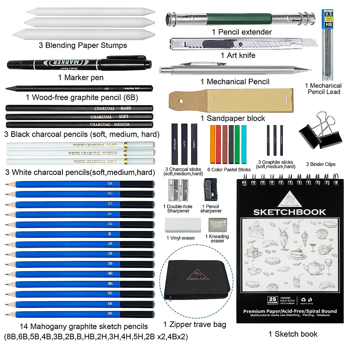 Handyman Crafts 50pcs Sketching Drawing Pencils Set Art Supplies | Sketch pencils,Graphite,Charcoal,Sketch book,Drawing supplies | In Black Zipper Case | For adults,teeage, Kids 9-12