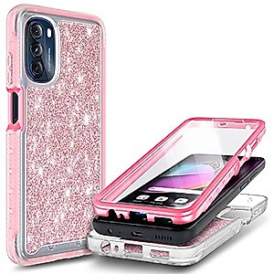 NZND Case for Motorola Moto G 5G (2022) with [Built-in Screen Protector], Full-Body Protective Shockproof Rugged Bumper Cover, Impact Resist Durable Phone Case (Glitter Rose Gold)