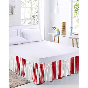 Stripes Red White Bed Skirt King Size 16 Inch Drop,Adjustable & Elastic Wrap Around Bed Skirts Pleated Luxury Dust Ruffles for Twin Full Queen Cal King Bed,Classic Casual Bohemian Geometric Art Decor
