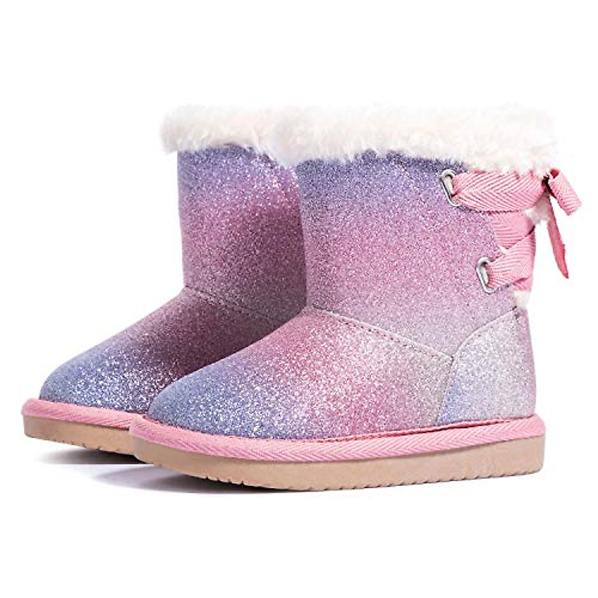 KRABOR Girls Glitter Snow Boots Cotton Lining Warm Winter Non~Slip Shoes with Cute Bow for Toddlers/Little Kid (Pink Size 2)