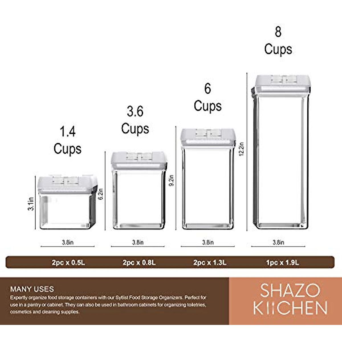 Shazo Airtight Food Storage Containers 7 Piece Set, Pantry Organizer BPA Free Plastic Flour, Pasta Containers with Easy Lock Lids for Kitchen Pantry Organization and Storage Includes Labels & Marker