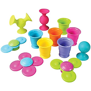 Fat Brain Toys Pipsquigz Whirly-Squigz Suction-Kupz Set - 12 Piece Early Learner Toys - 6 Suction Kupz Stacking Toys, 3 PipSquigz, 3 Whirly Squigz Spinners in Zippered Storage Case - BPA-Free Silicone