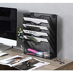 EasyPAG Mesh Wall Hanging File Organizer Holder 5 Tier Vertical Pocket Magzine Rack with Tray | Sides Closed ,Black