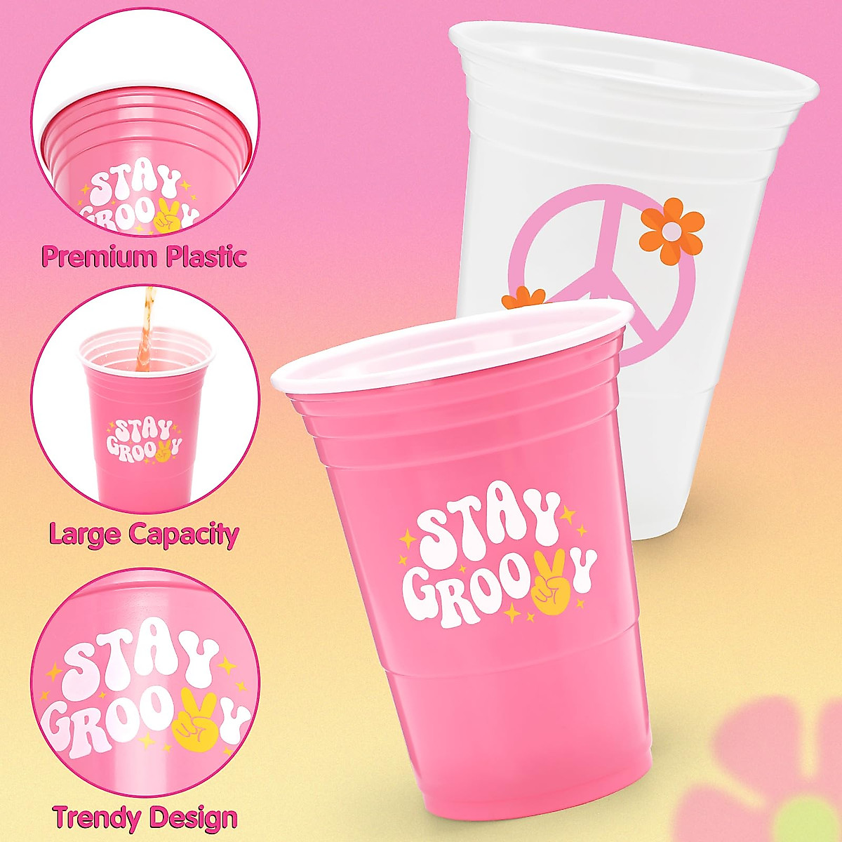 Nefelibata Retro Groovy Party Plastic Cups 48PCS Groovy 60s 70s Party Stadium Cups Bachelorette Bridal Shower Party Favors Decorations Birthday Reusable Party Cups Supplies 15OZ