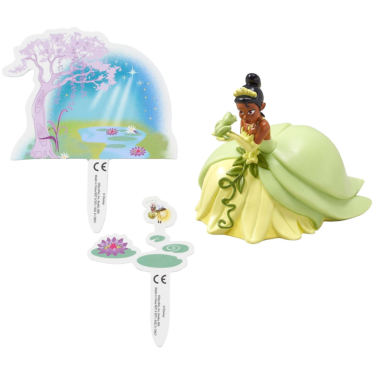 DecoSet® Disney Princess Tiana Cake Topper, 3-Piece Cake Decoration With Tiana And Frog Figurine, Water Lily Pic, And Background Scenery Pic