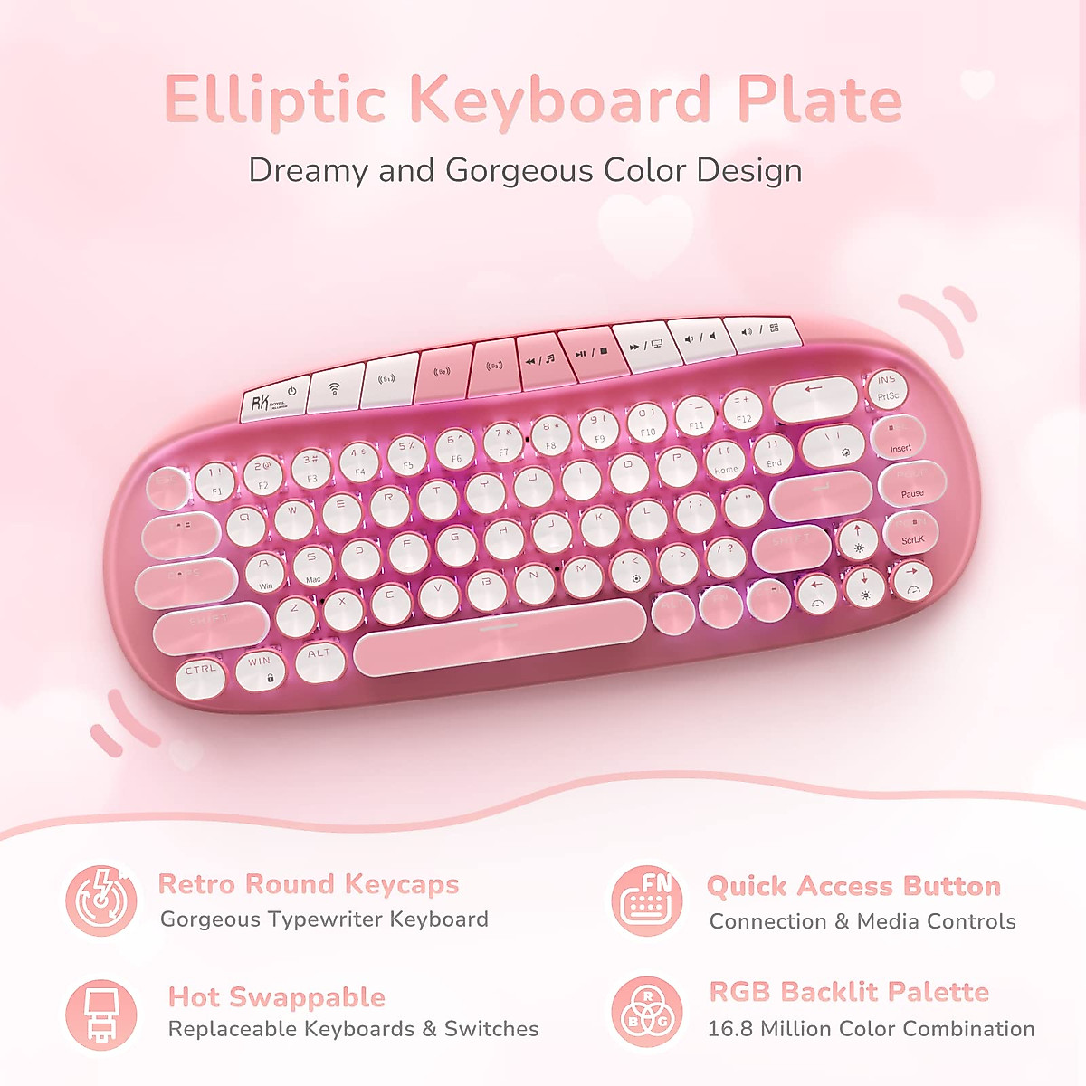 RK ROYAL KLUDGE RK838 Pink Wireless Keyboard, Retro Typewriter Keyboard BT/2.4G/Wired Mode, 75% RGB Hot Swappable Gaming Keyboard with Round Keys 10 Buttons, Pink Switch
