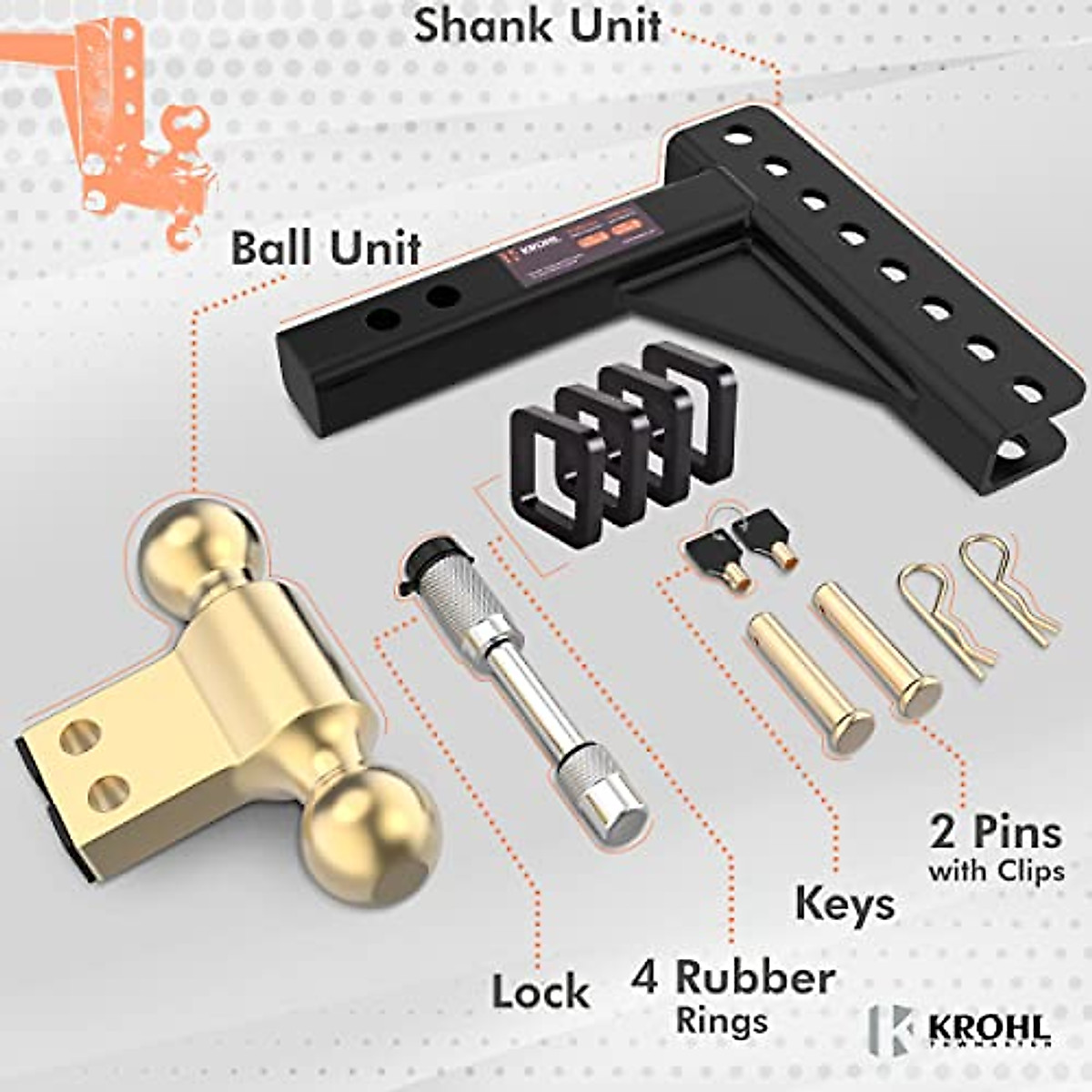 KROHL Adjustable Trailer Hitch with 2" & 2-5/16" Balls, 12,000 lbs Capacity, 7.5" Rise & Drop, Lock & Keys Included, Zinc Plated for Durability - Perfect for Trucks & SUVs with 2" Receiver