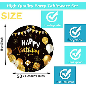 GOGUOGOFA 50 Pcs Black and Gold Birthday Party Supplies,Happy Birthday Party Plates 7" Black and Gold Plates,Cheer Birthday Plates,for 30th 40th 50th 60th 70th 80th Anniversary Birthday Party Decor