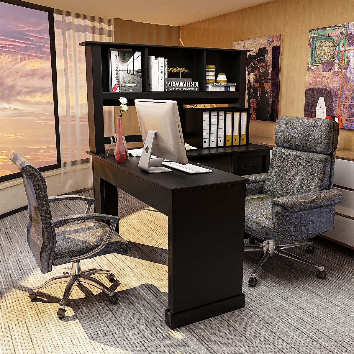 WERSMT L Shaped Computer Desk with Drawers Corner Desk Large Storage Gaming Desk Home Office Desks with Bookshelf Easy to Assemble, Black