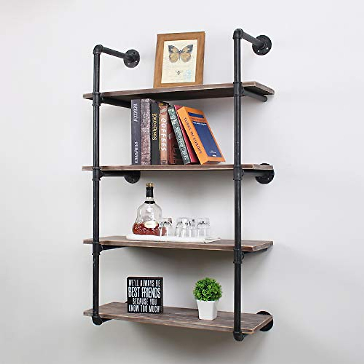Industrial Pipe Floating Shelves,4 Tiers Wall Mount Bookshelf,30in Rustic Wall Shelves,DIY Storage Shelving Wall Shelf,Rustic Wall Shelving Unit,Wall Book Shelf for Home Organizer,Black Brushed Silver
