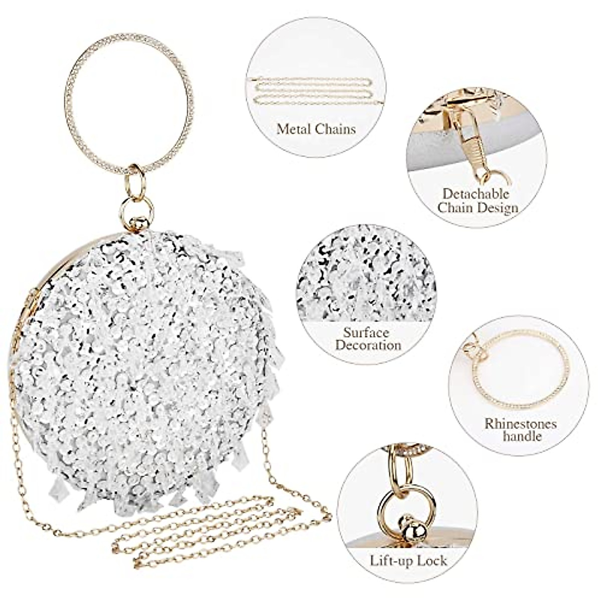 Tanpell Womens Evening Bag Round Beaded Clutch Handbag Sequins Bridal Wedding Purse for Cocktail Party (Silver)