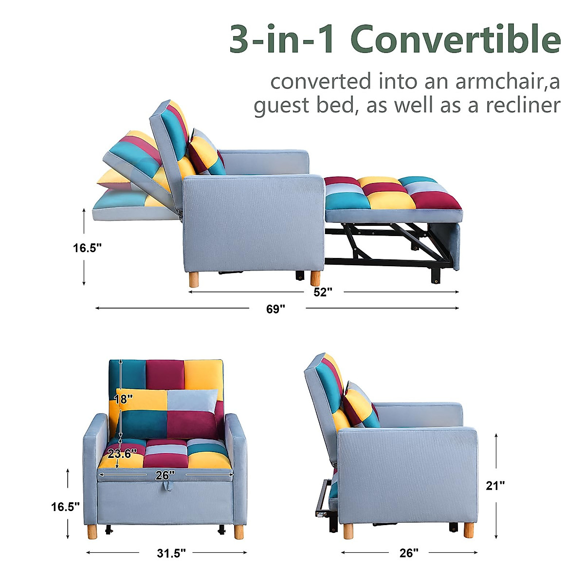 ODUWA Convertible Chair Bed,3-in-1 Sleeper Single Sofa Chair Bed with Pillow,Adjustable Backrest Recliner with Soft Velvet Fabric,Pull Out Sleeper Bed for Living Room,Dorm,Apartment,Bedroom or Office