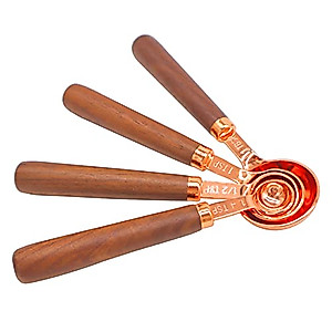 Stainless Steel Measuring Spoons, Long Wooden Handle Coffee Scoop, Kitchen Utensil for Fitting in Spice Jars, Scooping, Measuring & Serving, Tablespoon, Rose Gold Tea Spoon, Set of 4