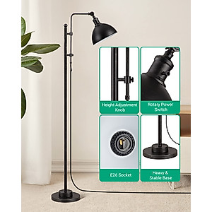 EDISHINE Industrial Floor Lamp, Adjustable Height & Head with Rotary Switch, Rustic Reading Lamp in Aged Black Finish, 65IN Farmhouse Standing Tall Metal Lamp for Living Room, Bedroom, Office