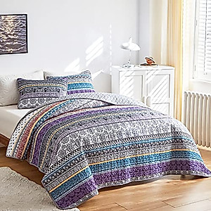FlySheep Colorful Quilt Set Queen Size, 3 Pieces Purple Boho Stripes Design Lightweight Summer Bedspread/Coverlet Bedding Set, Soft Microfiber for All Season - 92x90 inches