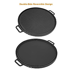 Onlyfire Chef 18" Cast Iron Campfire Griddle, Double Sided Reversible Stovetop Grill, Griddle Pan with Handles, 3 Removable & Height Adjustable Legs, Perfect for Gas Cooker, Outdoor Campfire Cooking