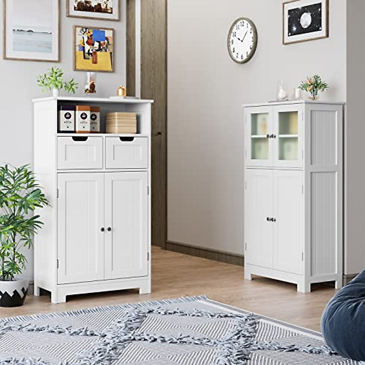 HORSTORS Bathroom Cabinet, Floor Storage Cabinet with 2 Doors and 2 Drawers, Free Standing Wooden Storage Organizer for Bathroom, Living Room, Hallway, White