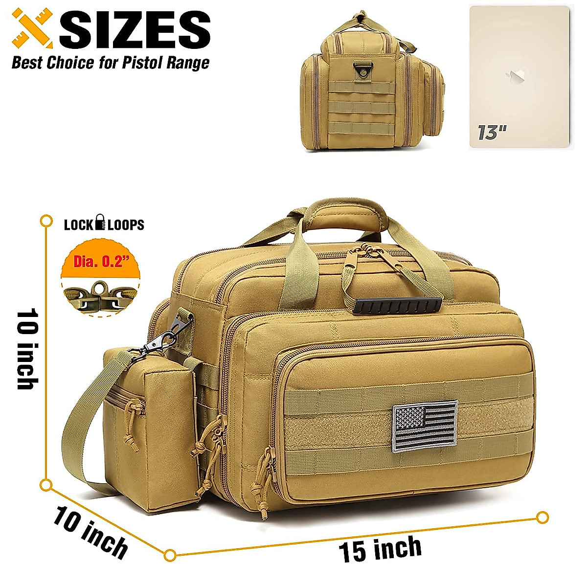 DBTAC Range Bag 2~4 Pistol Medium Size (Tan) + Tactical Lunch Bag (Tan), Durable Material with adjustable shoulder strap, Multi-functional Design