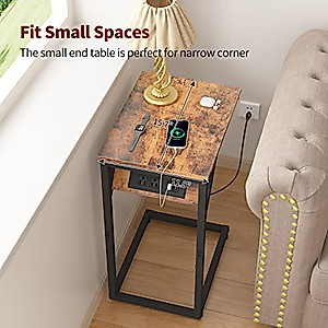 NONGSHIM Side Table, Slim C Shaped End Table with Charging Station, Small Snack Table for Living Room, Bedroom, Sofa Table with USB Ports and Outlets for Small Spaces, Rustic Brown