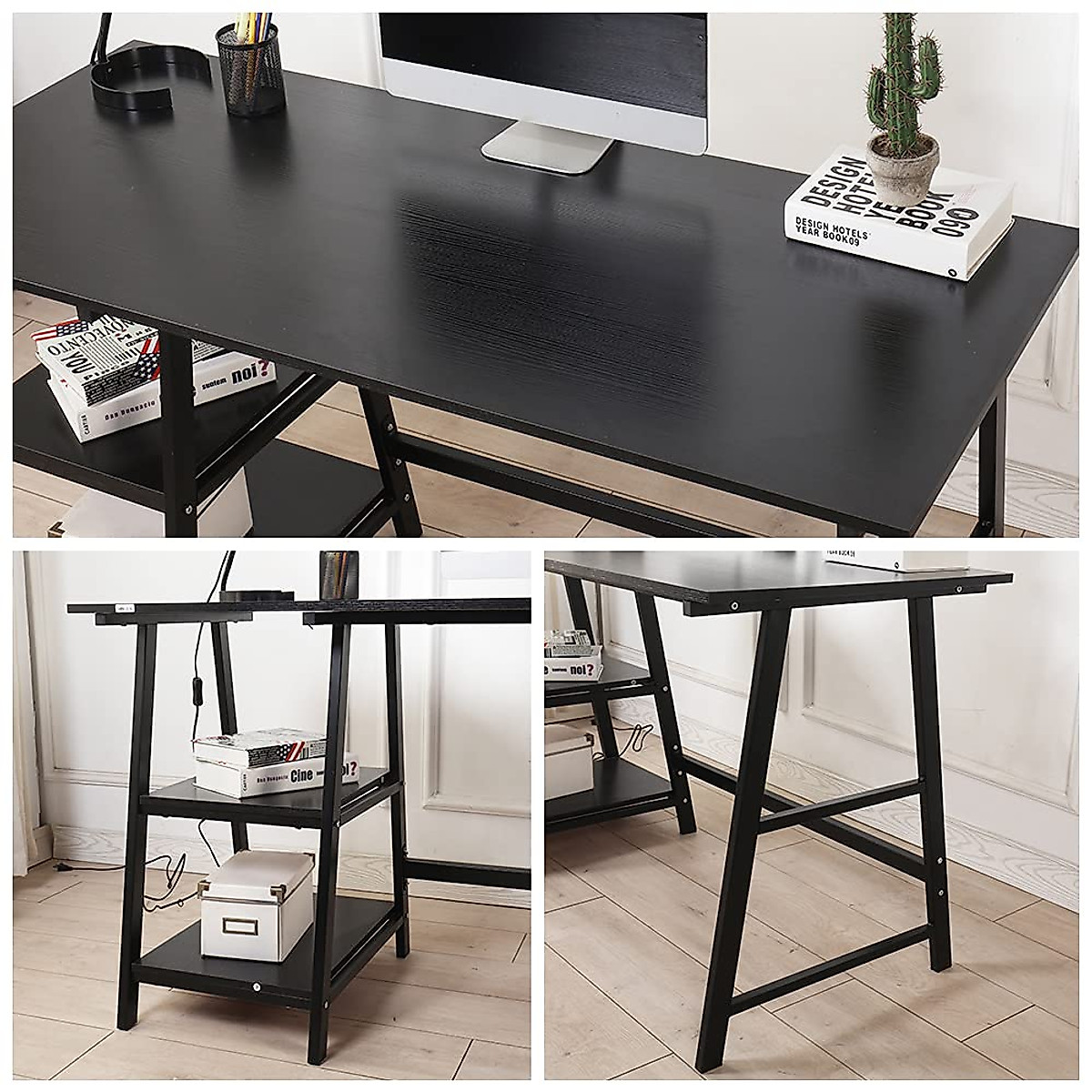 Trestle Desk with 2 Shelves, soges 47 inches Reversible Storage Desk with Racks, Home Office Computer Desk Organizer Workstation, Student Desk Wooden School Desk, Black